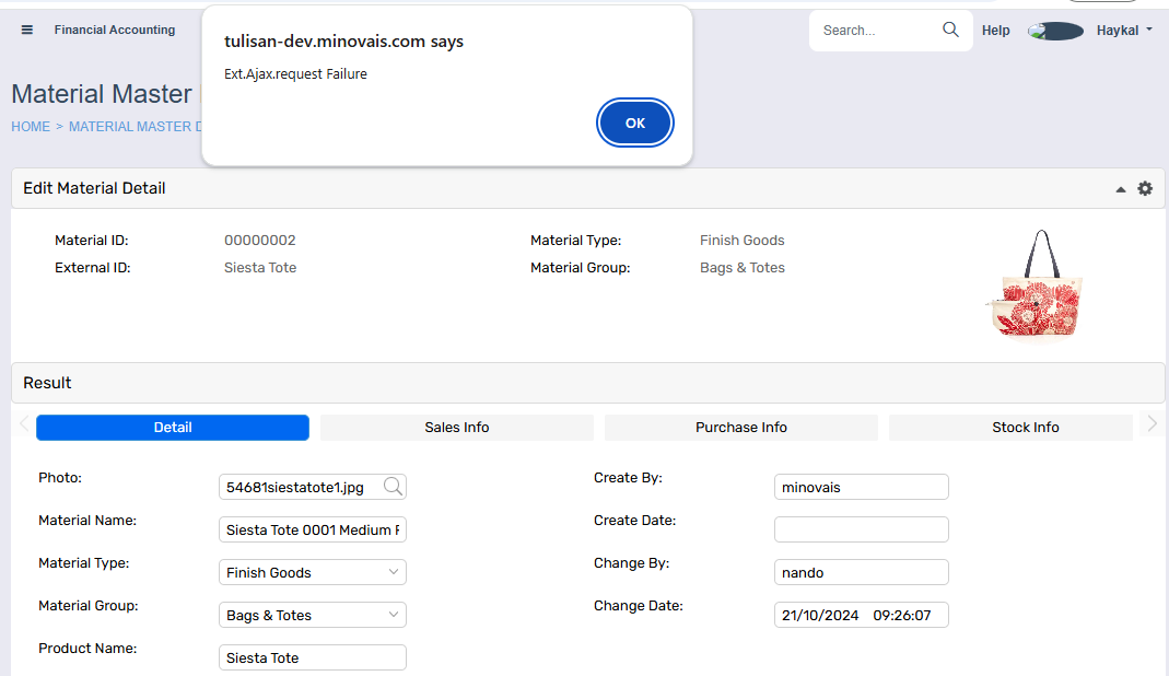 Error Ext. Ajax Request Failure Material Master Data.png - TULISAN - Redmine